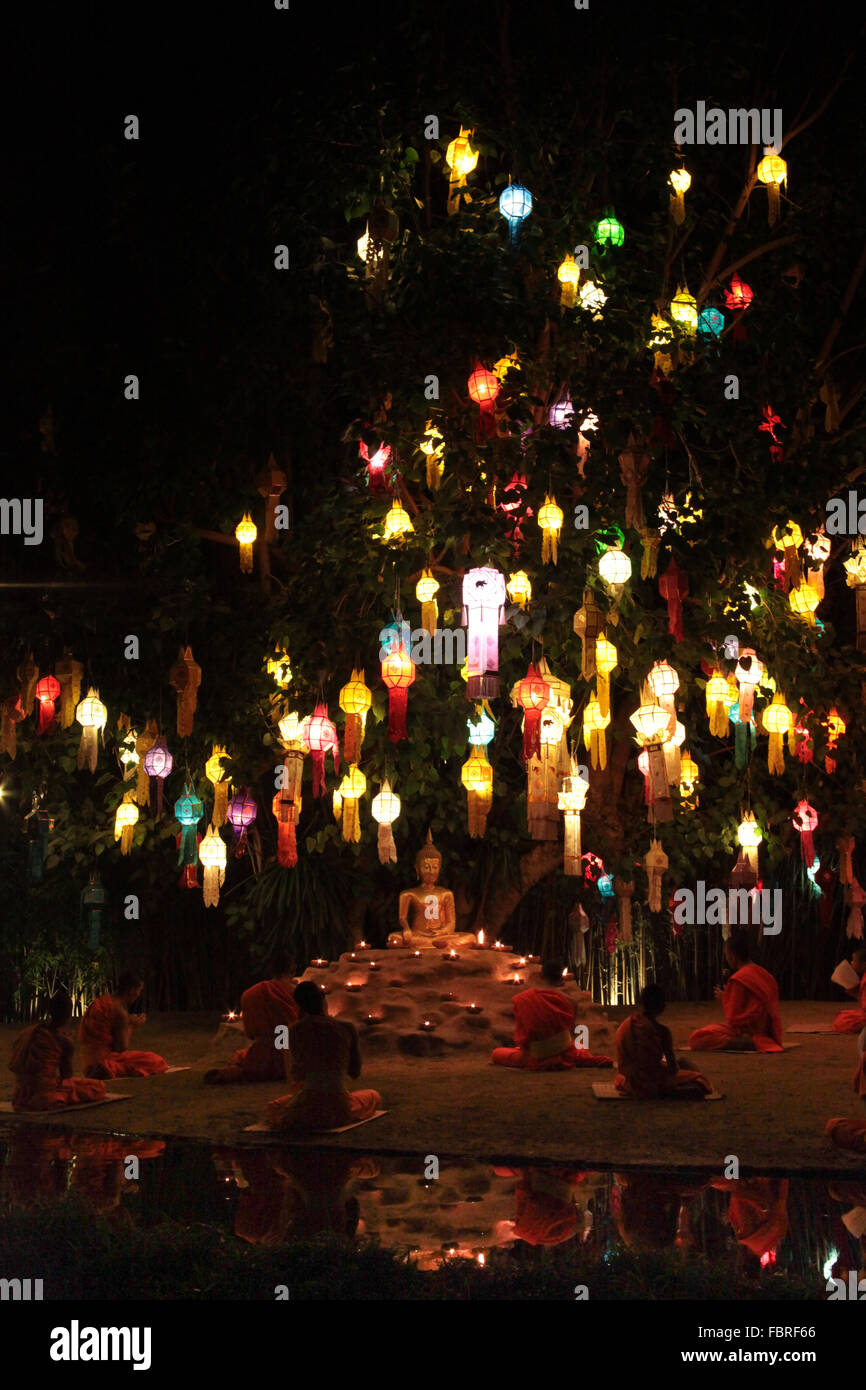 Chiang Mai, Thailand, 2016. Monks in saffron robes sitting under tree ...