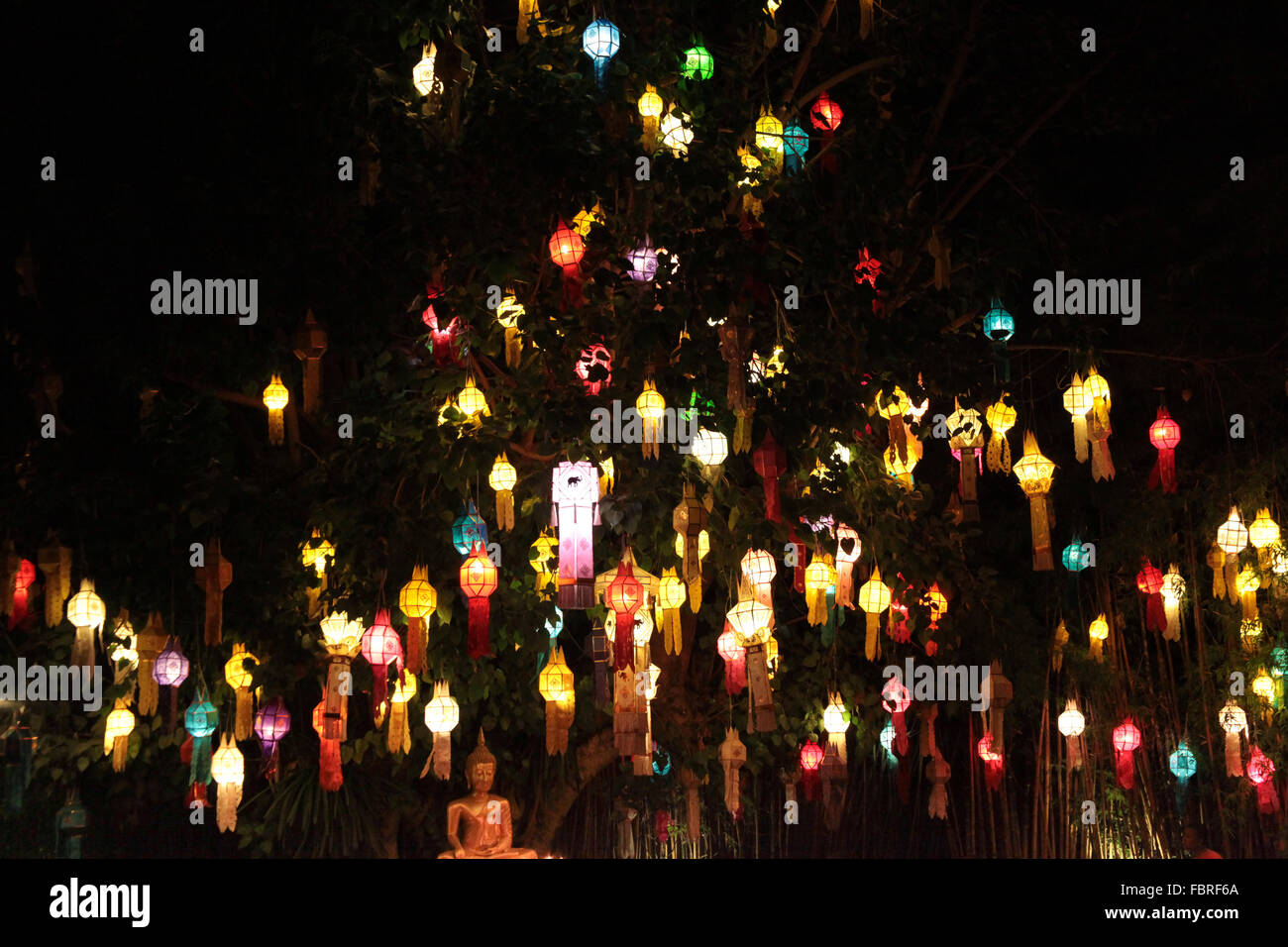 Chiang Mai, Thailand, 2016. Monks in saffron robes sitting under tree ...