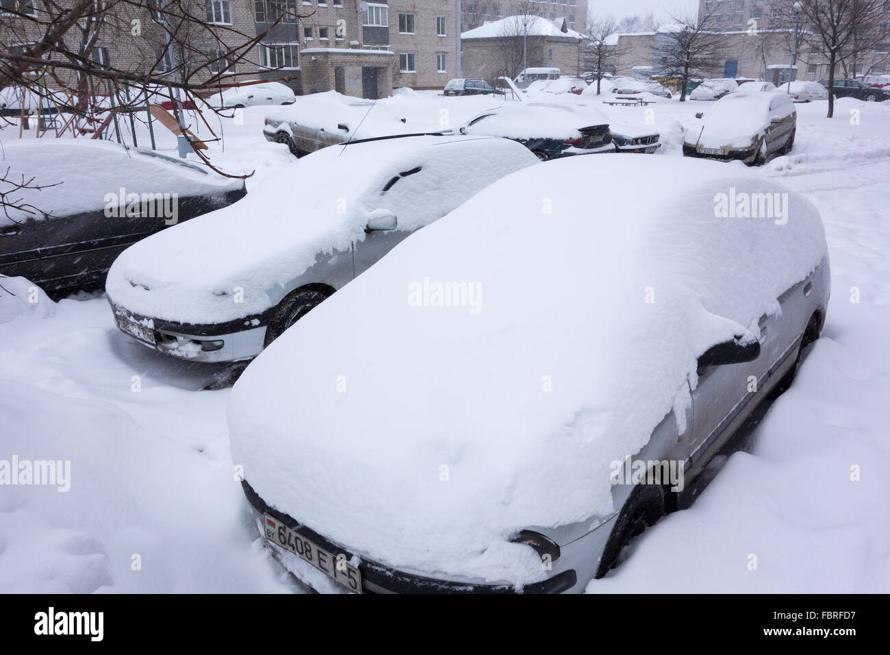 Borisov, Belarus - January 16, 2016: Natural disasters, snow storm with ...