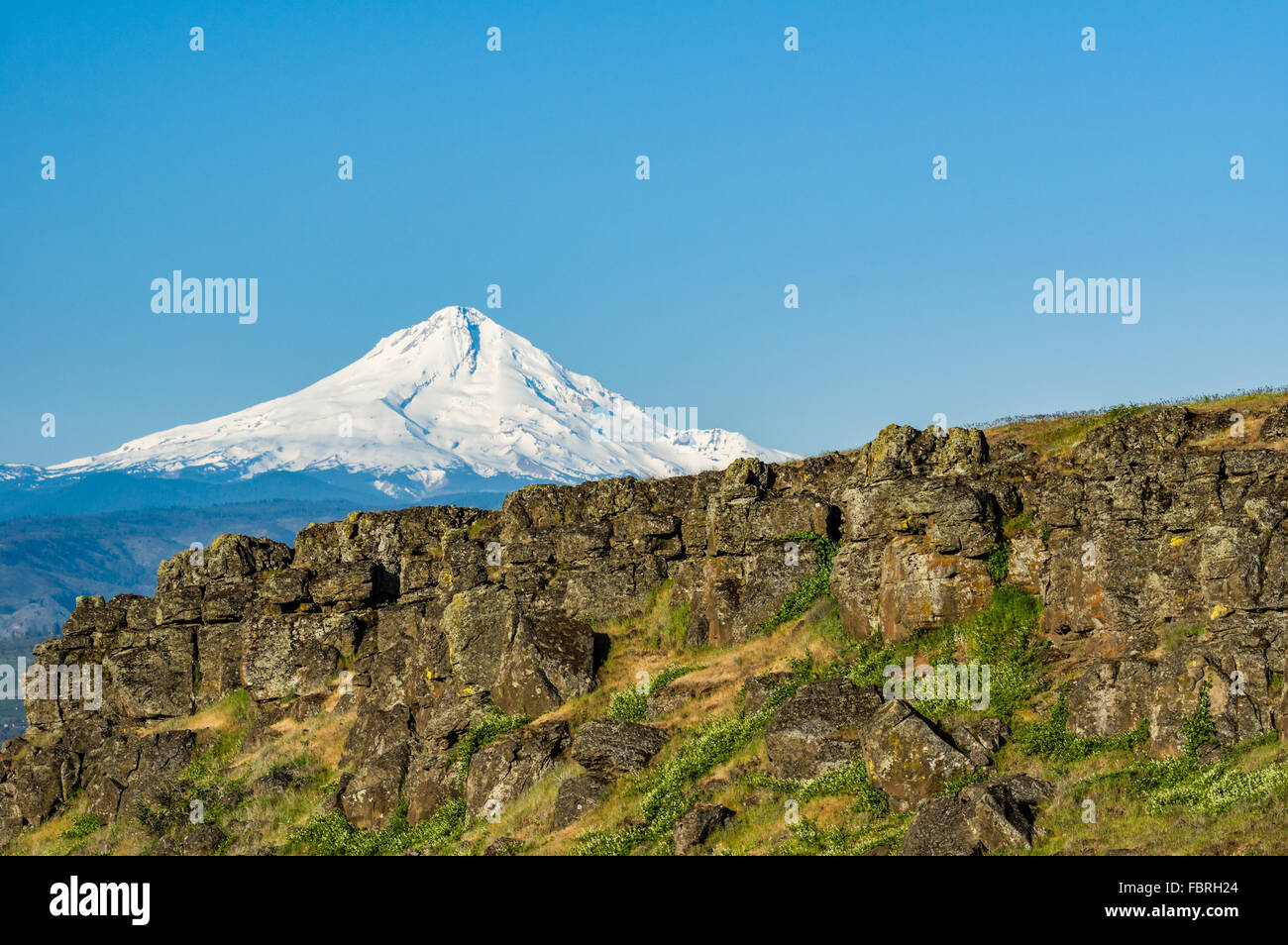 View of Mount Hood and ancient lava flows. Lyle, Washington, USA Stock ...