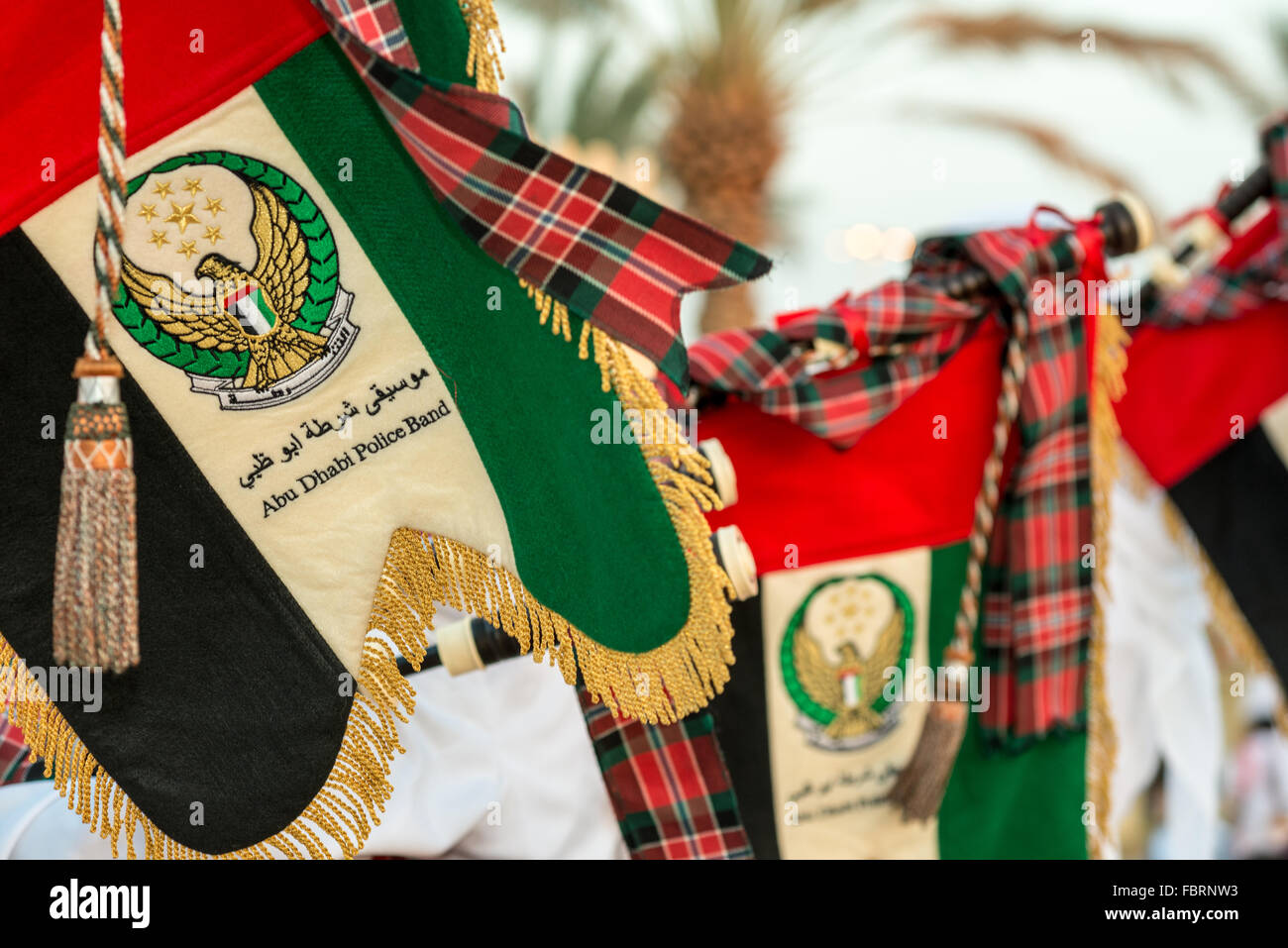 Bagpipe banner for a musician in the Abu Dhabi Police Band Stock Photo ...