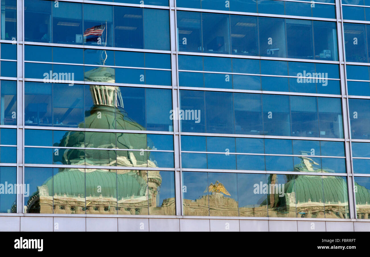 Reflections of the Indiana capitol statehouse reflected in an office ...