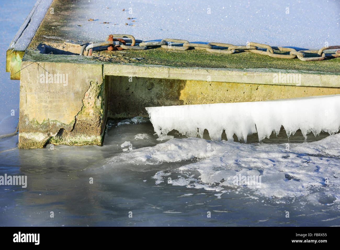 Close up of the end of a floating bridge or pier that has frozen solid ...