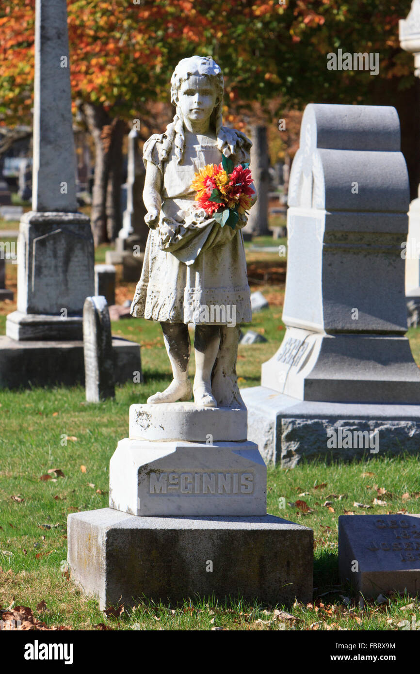 Statue of a girl with flowers in Crown Hill Cemetery, Indianapolis, Indiana Stock Photo - Alamy