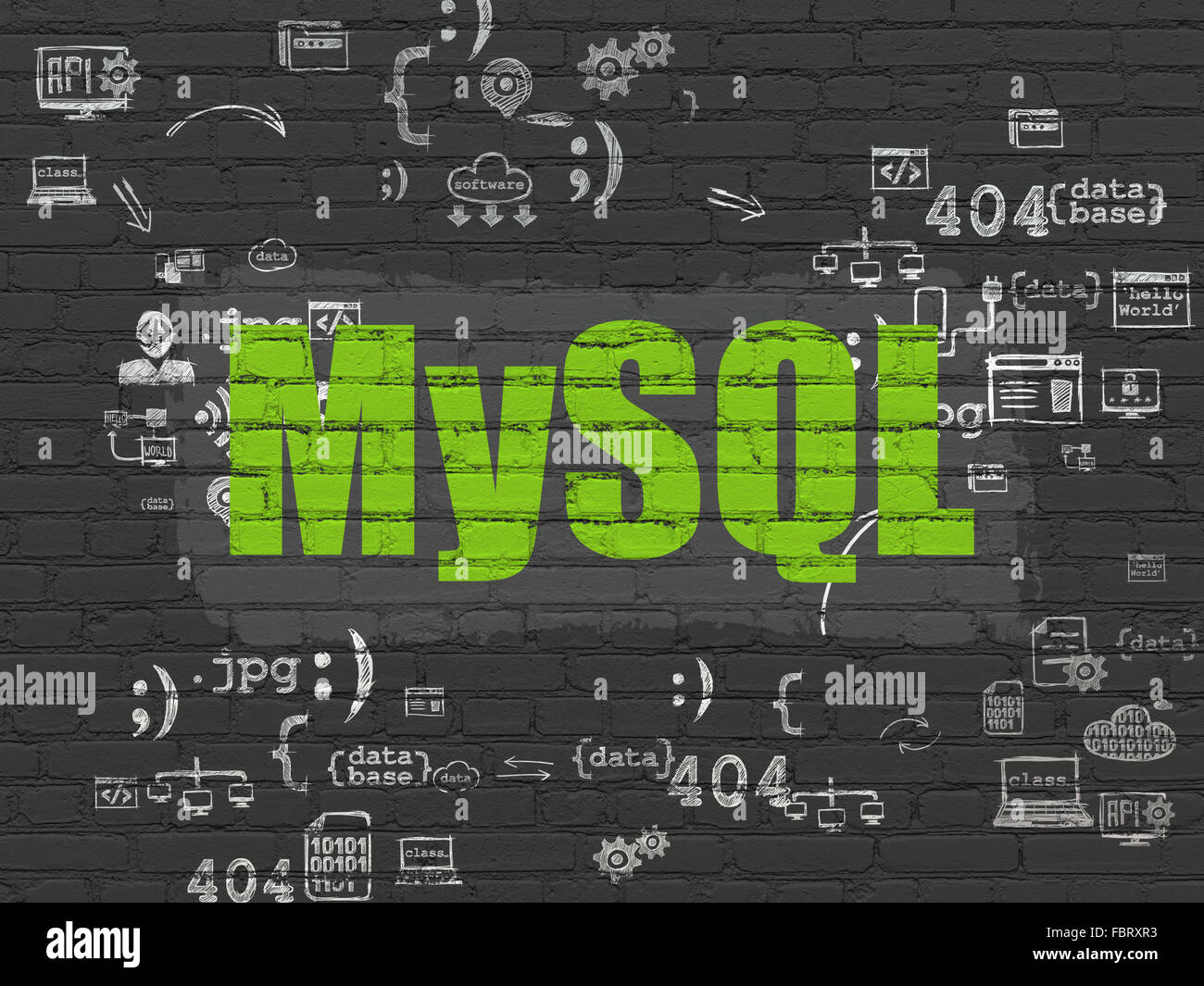 Software concept: Painted green text MySQL on Black Brick wall ...