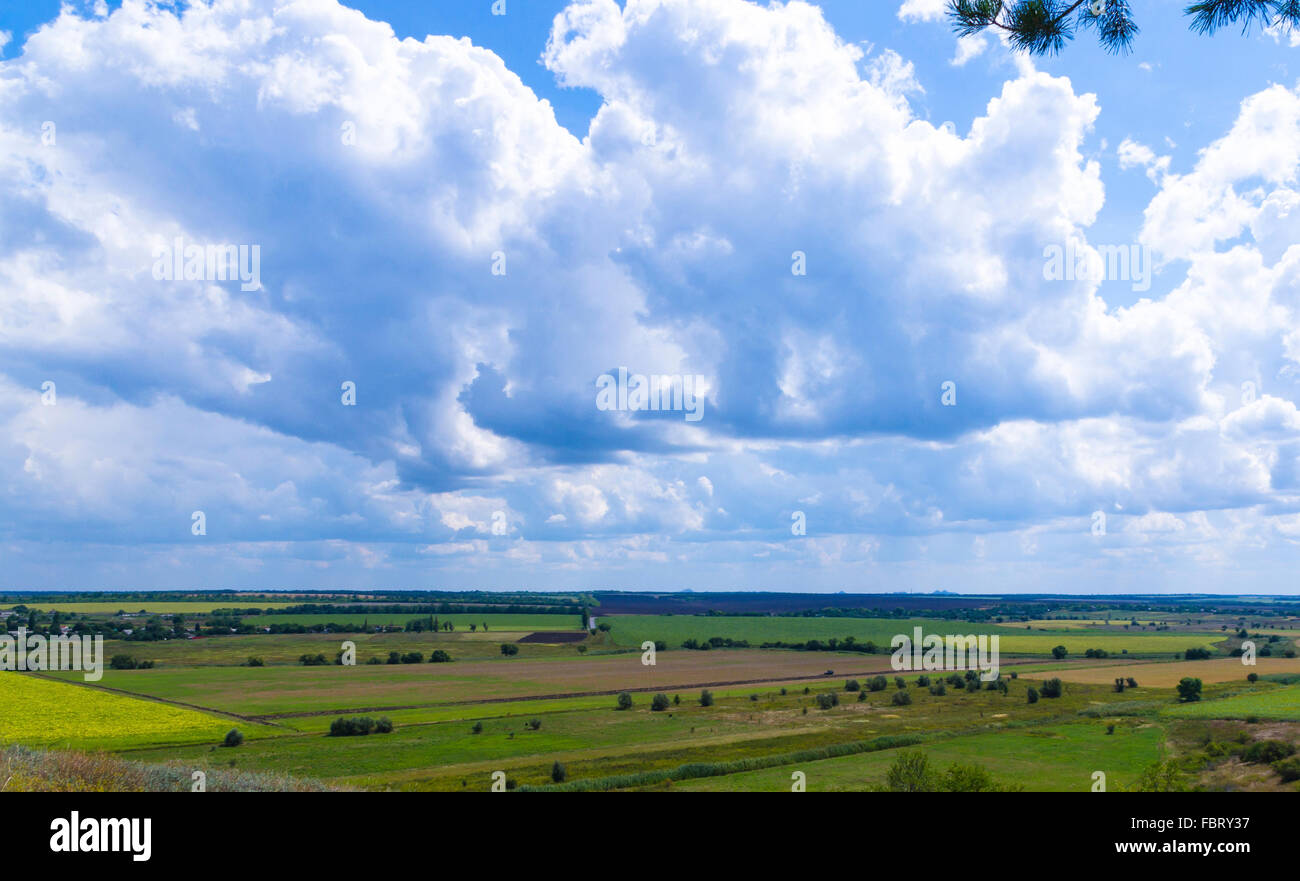 Summer landscape with green grass, village, fields and beautiful clouds ...