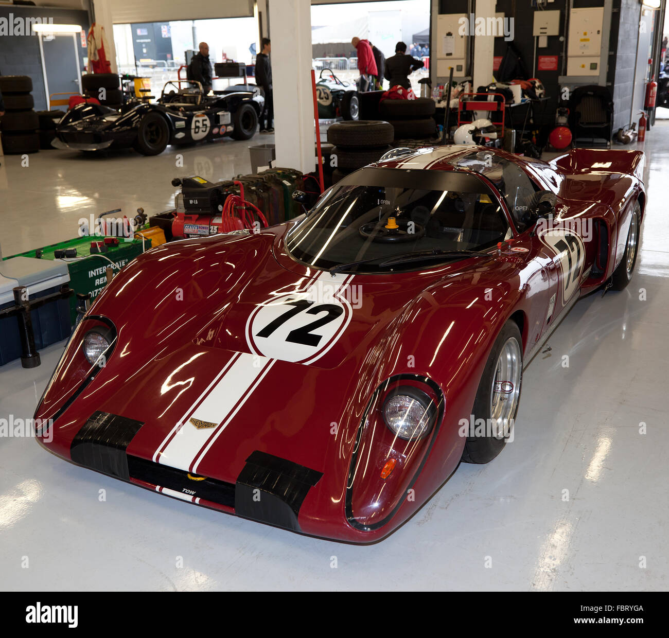 View of a 1969, Chevron B16 racing car in the garage at the Silverstone ...