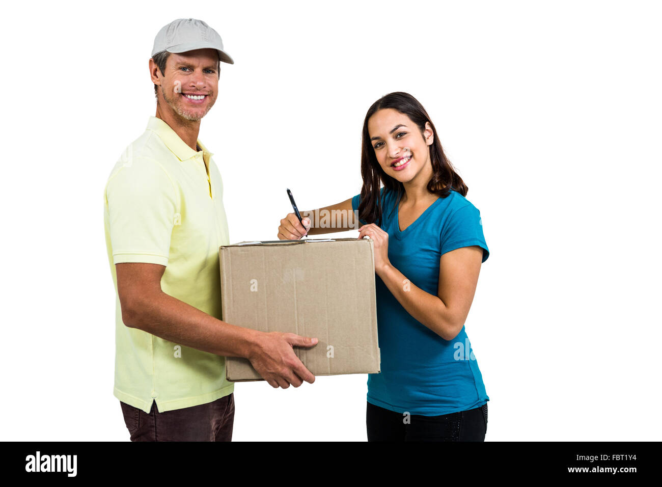 Portrait of happy delivery man with customer Stock Photo - Alamy