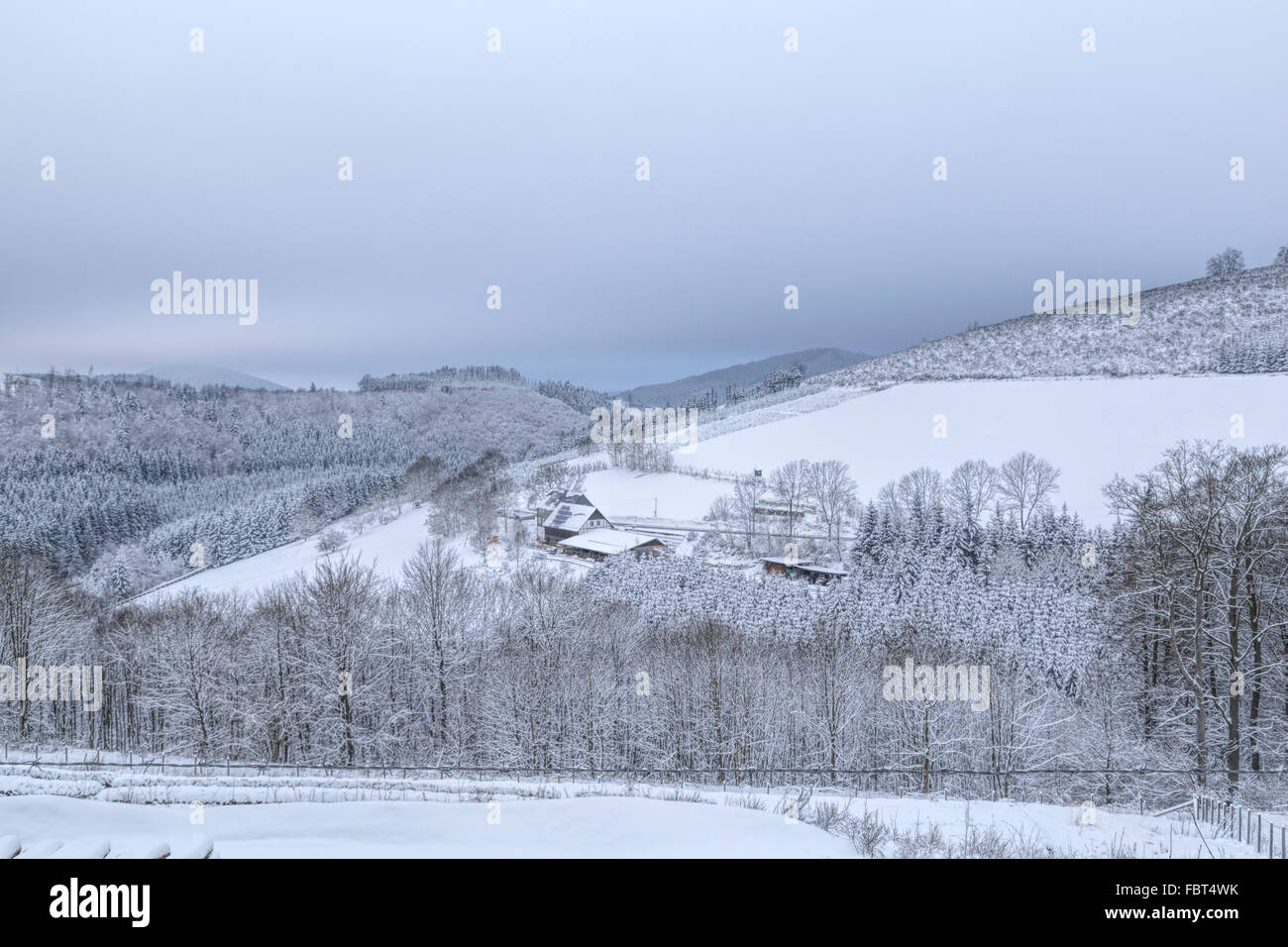 German countryside blanketed with snow in Sauerland, Hochsauerland ...