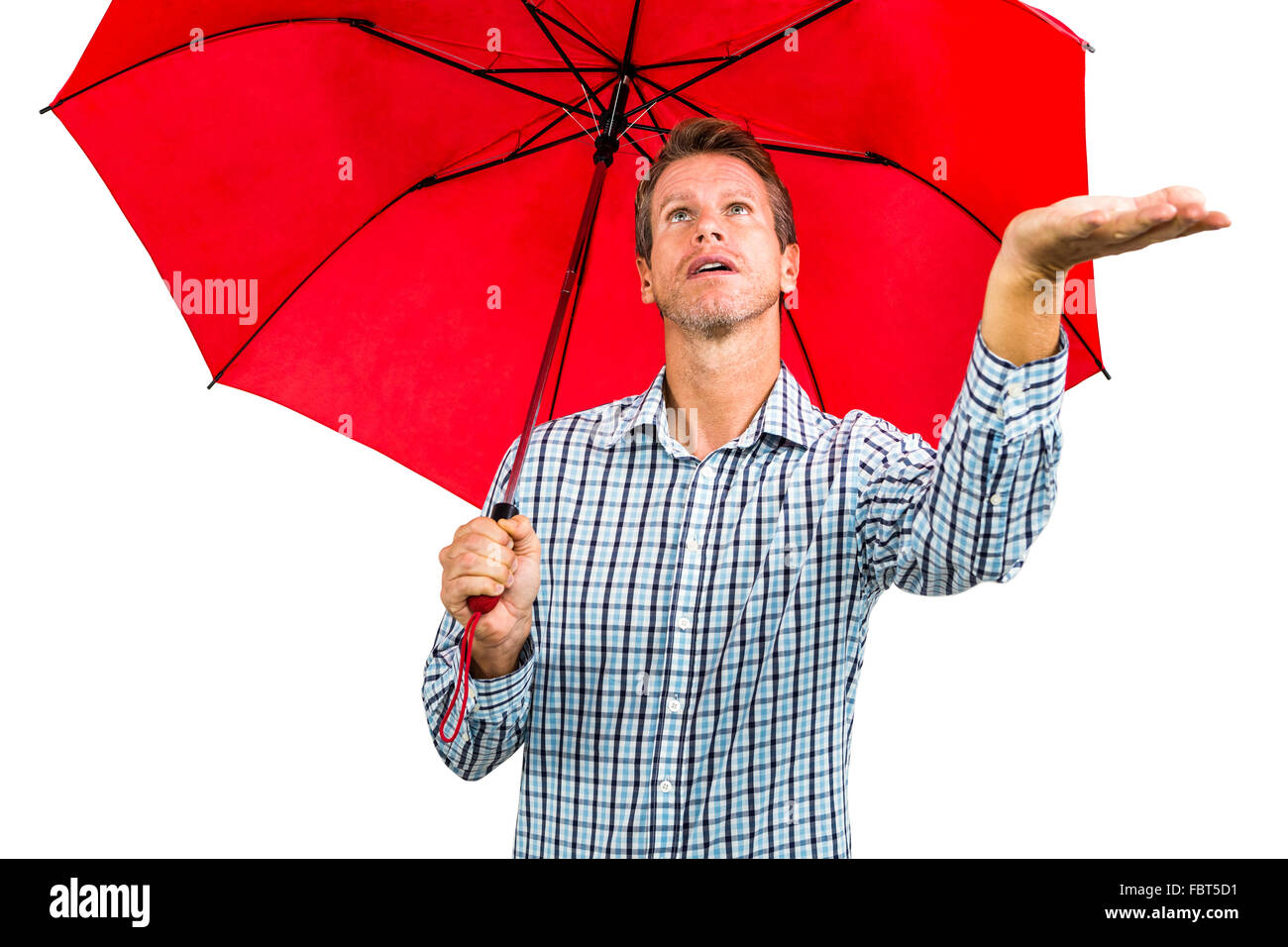 Man checking weather while holding red umbrella Stock Photo - Alamy