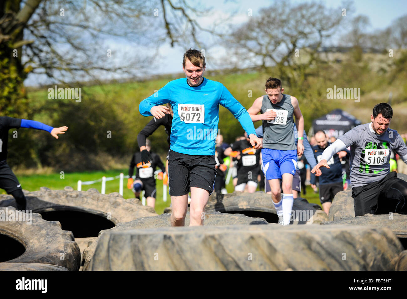 Runners running over huge rubber tractor tyres at obstacle course race ...