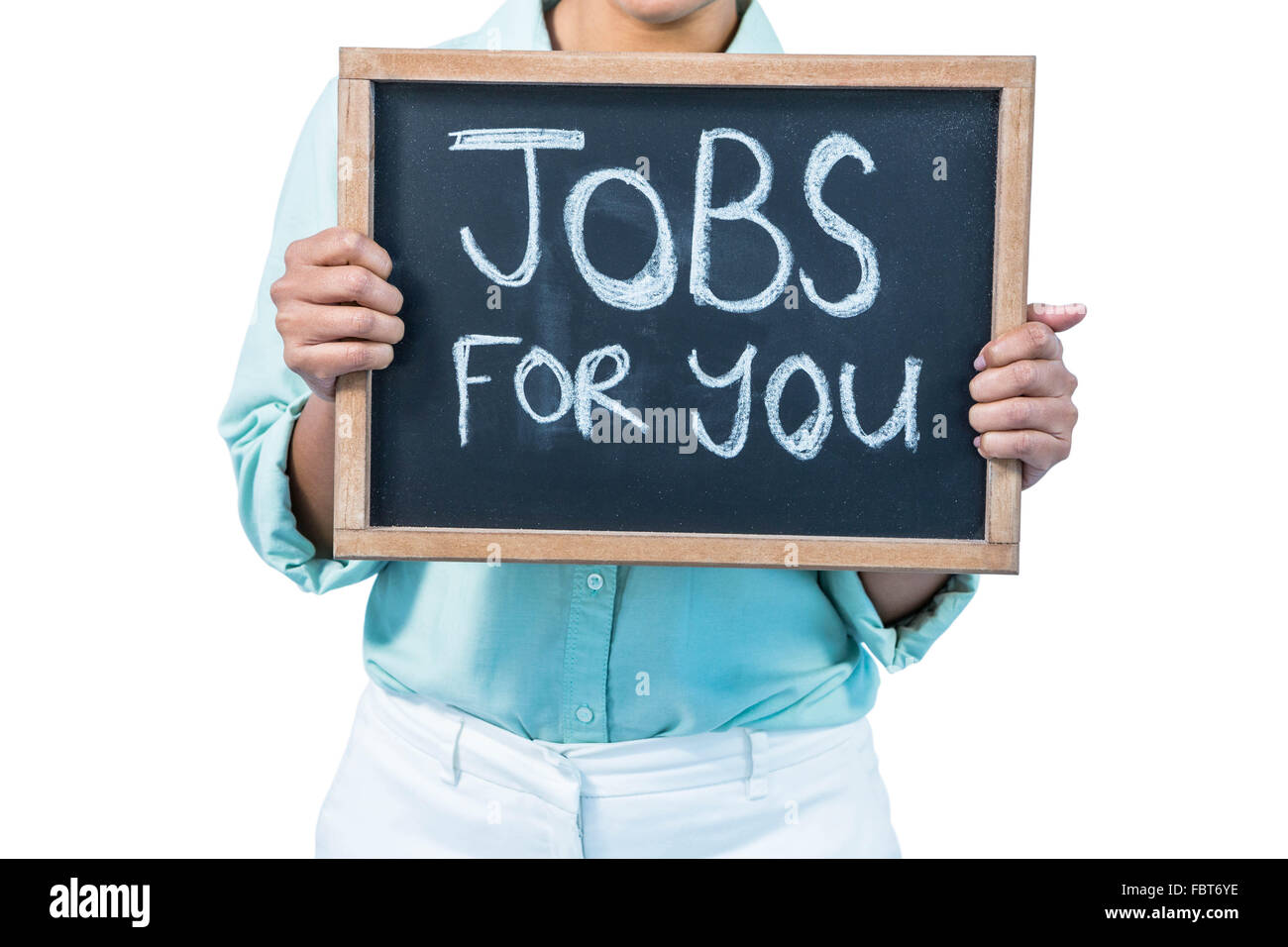 Businesswoman holding a signboard jobs for you Stock Photo - Alamy