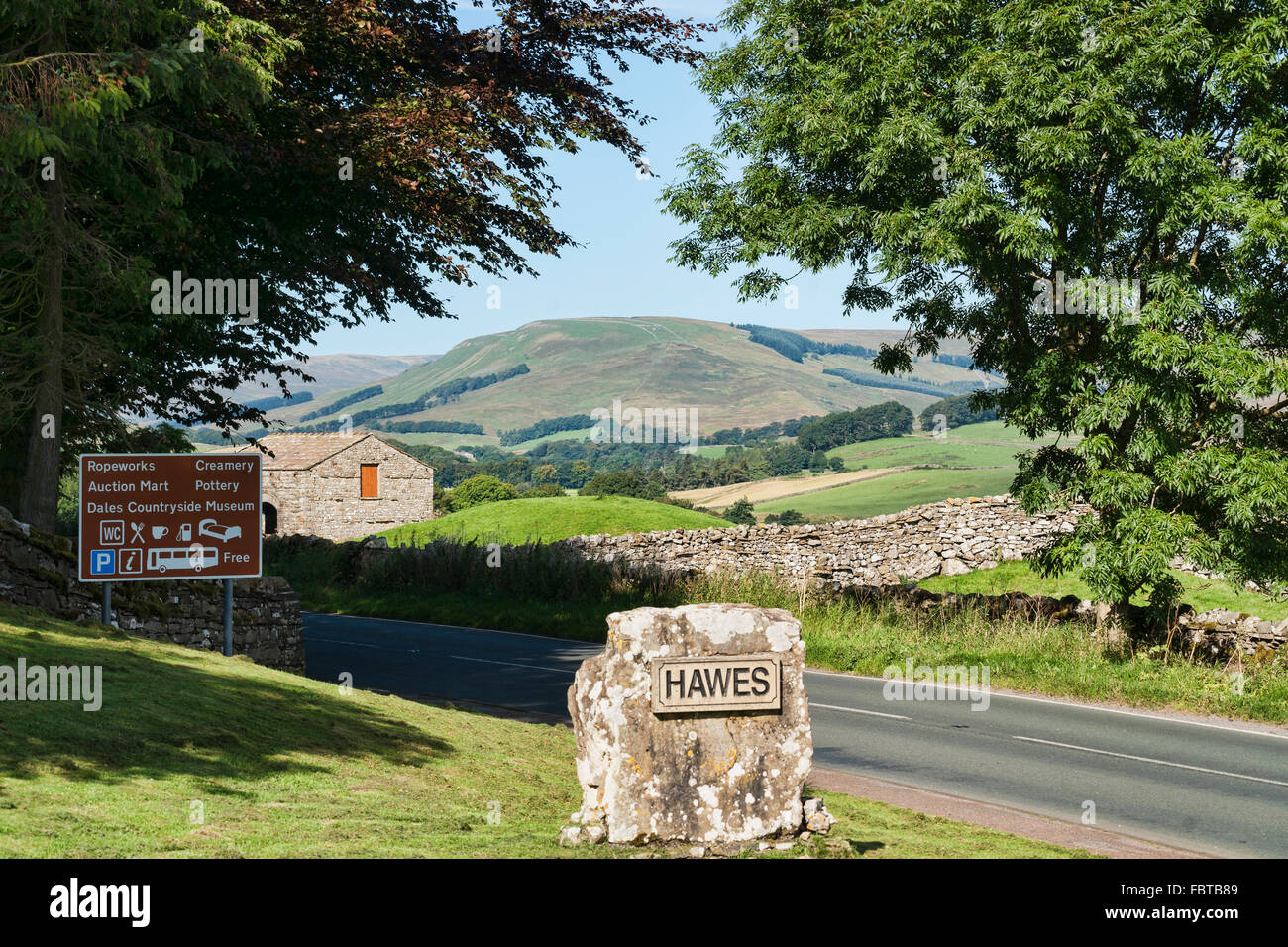 Wensleydale Landscape, Hawes sign, North Yorkshire, England UK Stock ...