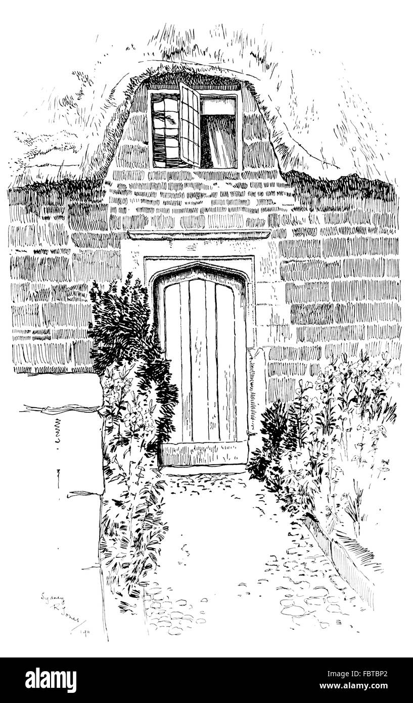 UK, England, Rutland, Caldecott, old thatched cottage arched door with ...
