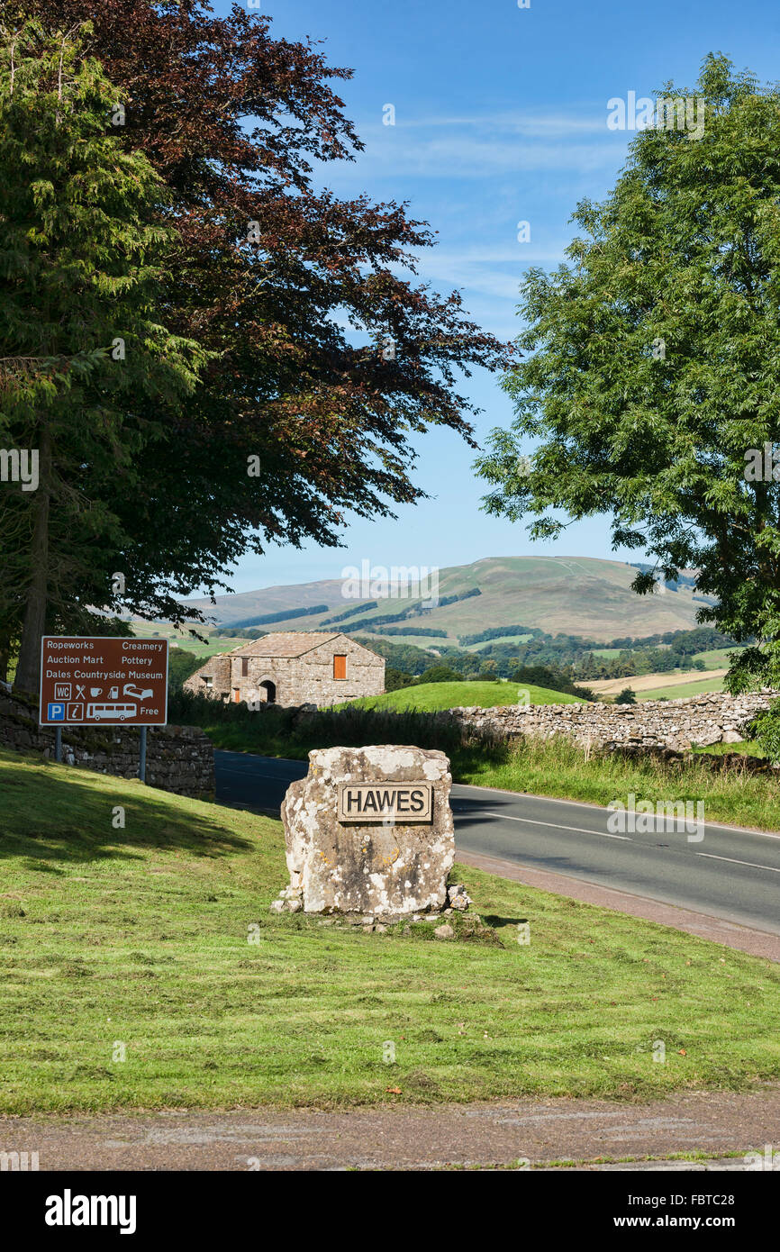 Wensleydale Landscape, Hawes sign, North Yorkshire, England UK Stock ...