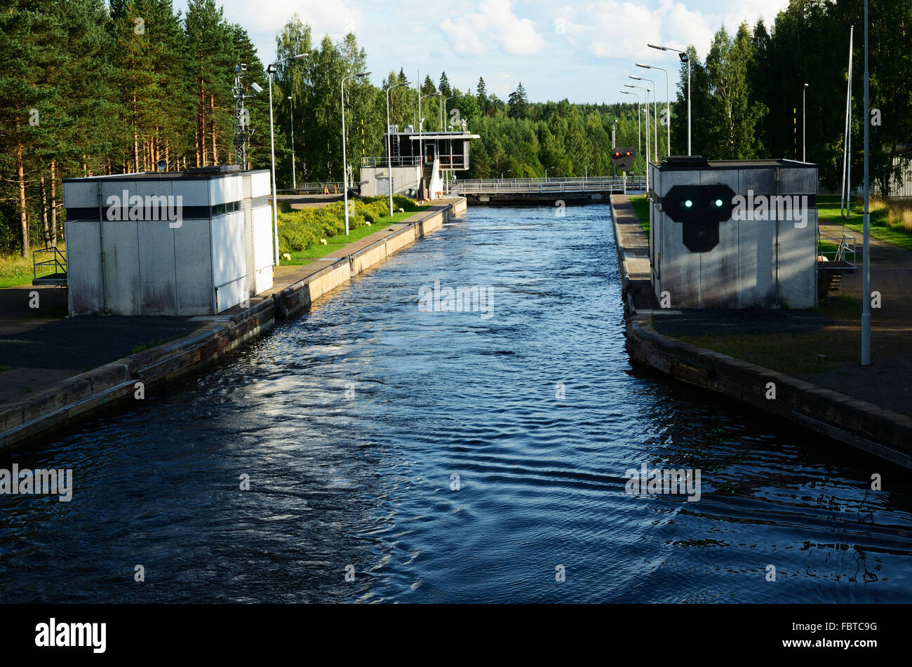 Leaving the sluice. The Saimaa Canal is a transportation canal that ...