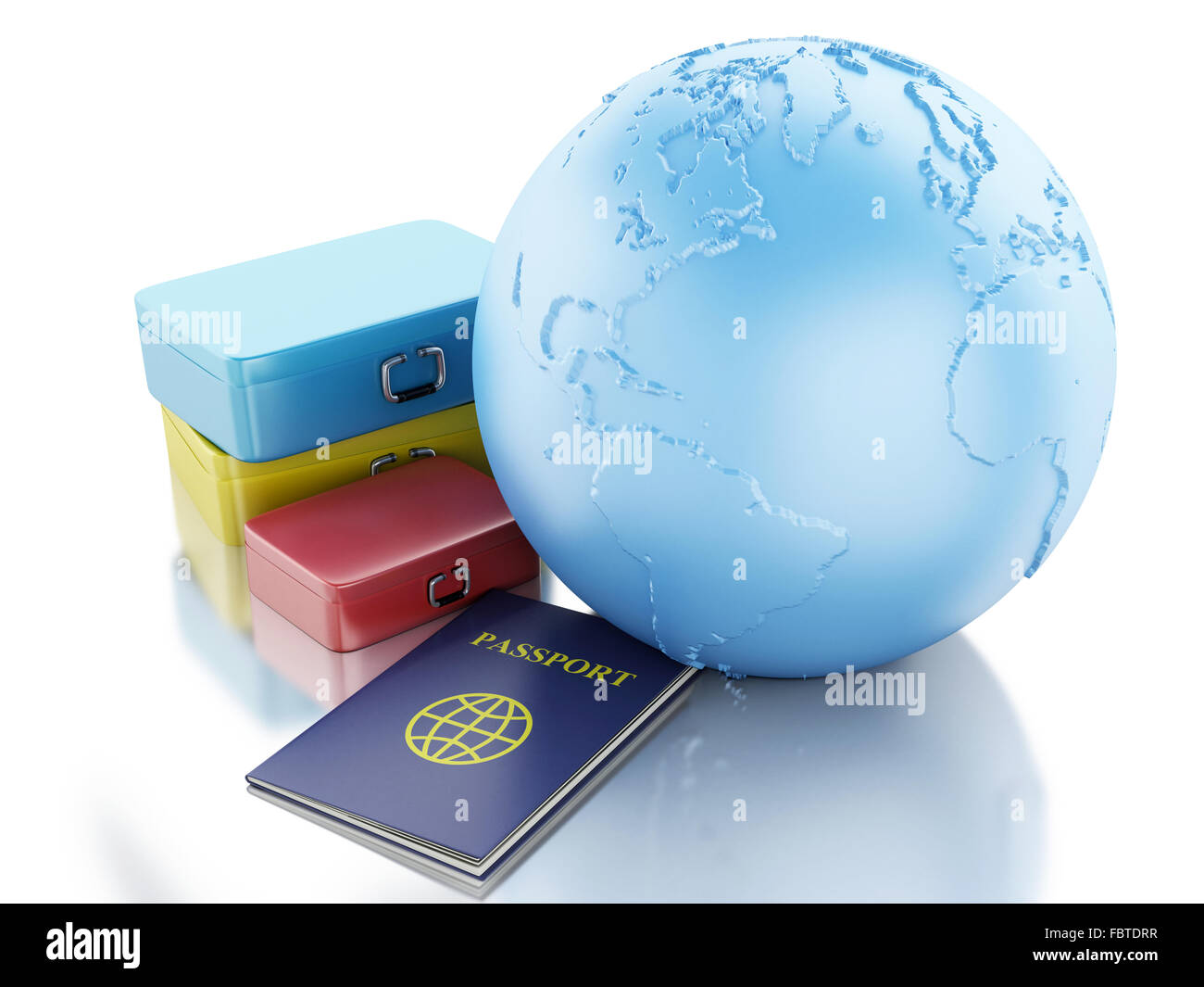 3d renderer illustration. Passport, travel suitcases and Earth Globe ...
