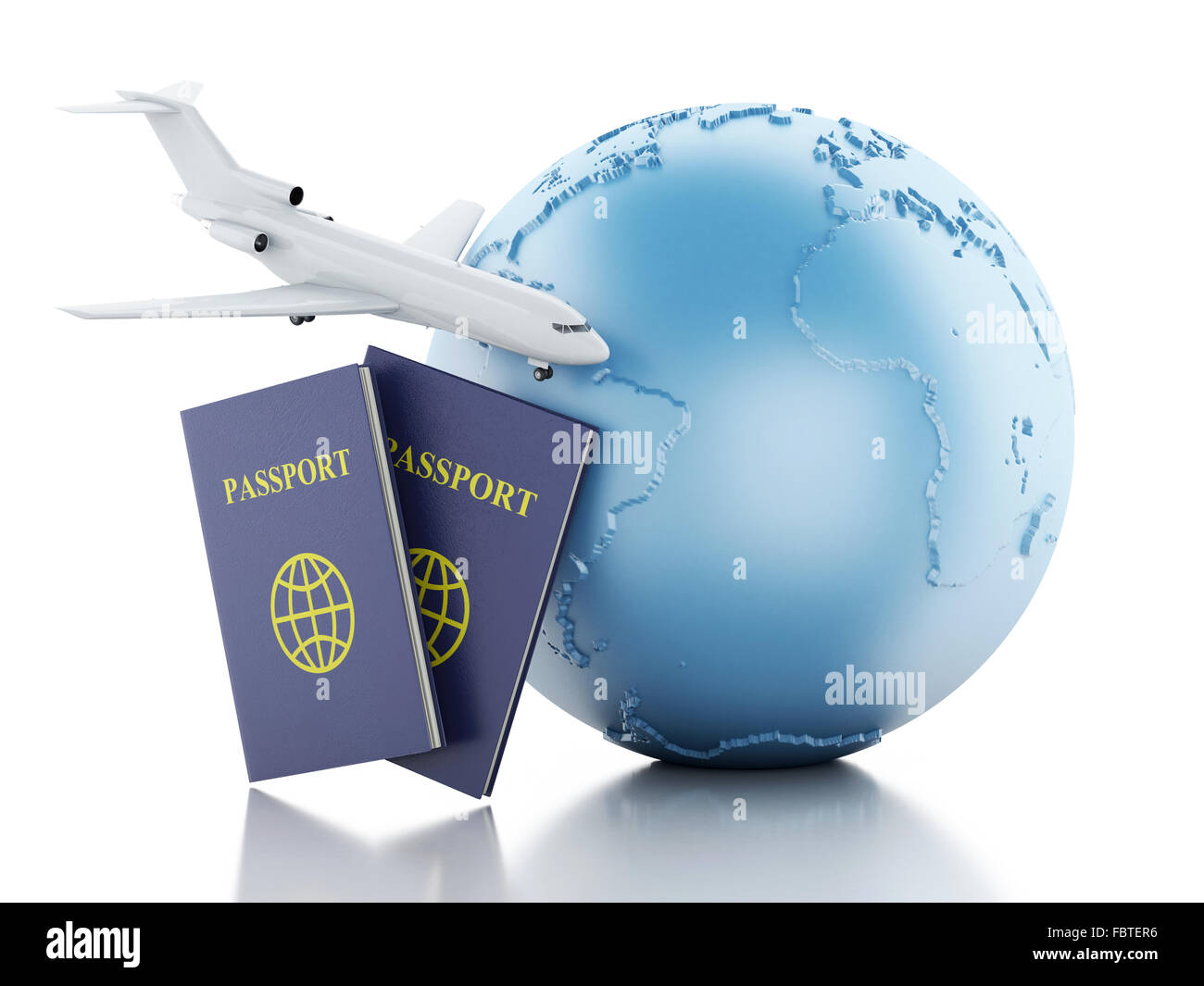 3d renderer illustration. Airplane, passport and earth globe. Airline ...