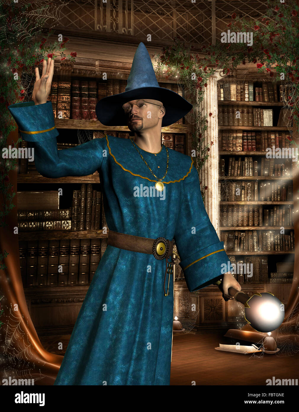Magician in the library Stock Photo - Alamy