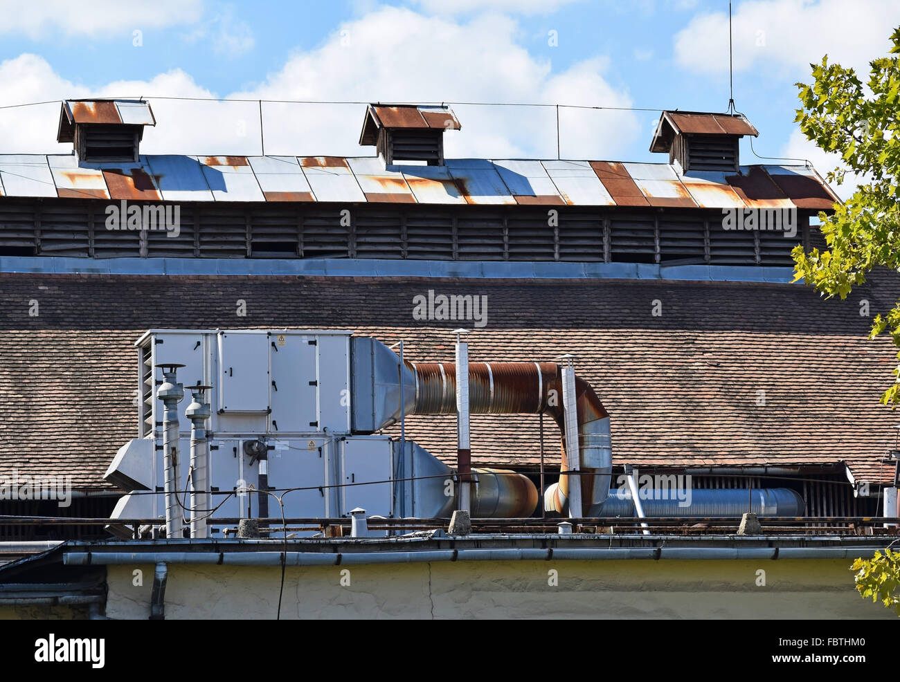 Air conditioners on the old factory building in the industrial area ...
