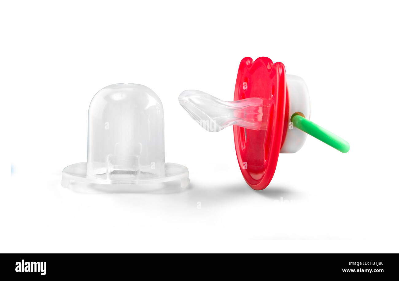 Latex pacifier with transparent protective plastic cap isolated on ...