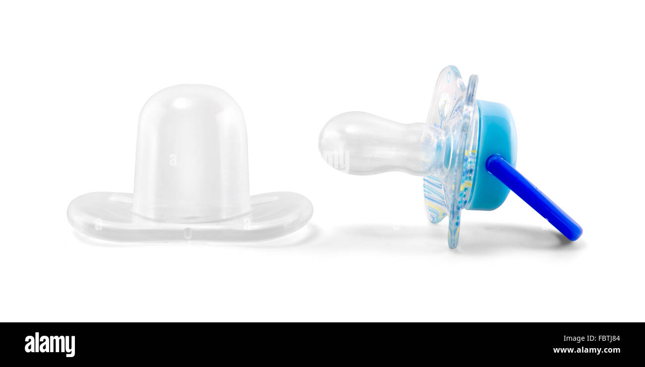 Latex pacifier with transparent protective plastic cap isolated on ...