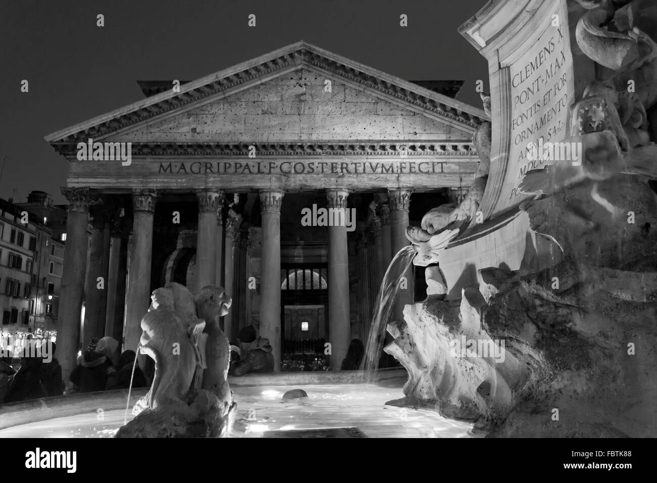 ROME, ITALY - DECEMBER 30 2014: Close up of Fontana del Pantheon in Rome, with the temple in the ...