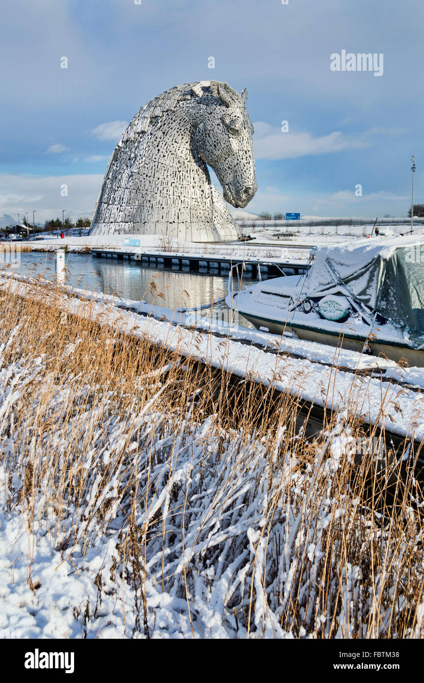 Kelpies in winter snow, Helix Park, Falkirk, Scotland, UK Stock Photo ...