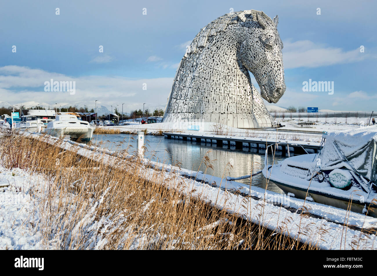 Kelpies in winter snow, Helix Park, Falkirk, Scotland, UK Stock Photo ...