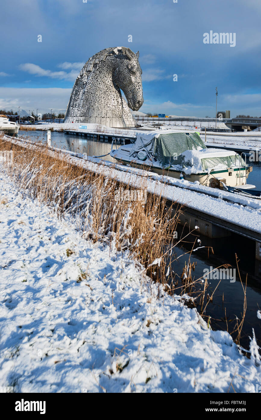 Kelpies in winter snow, Helix Park, Falkirk, Scotland, UK Stock Photo ...