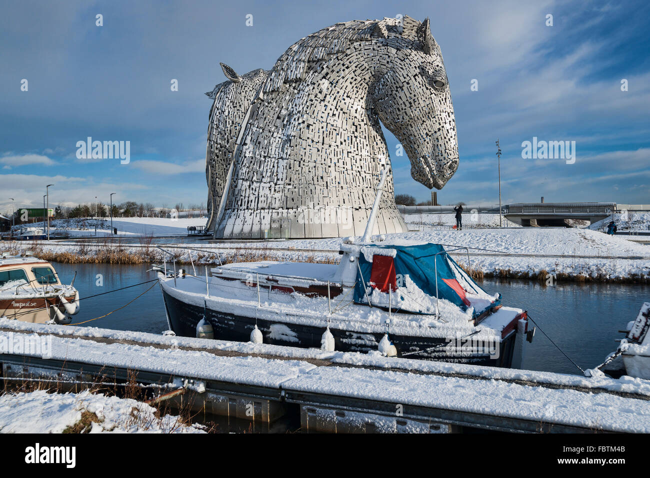 Kelpies in winter snow, Helix Park, Falkirk, Scotland, UK Stock Photo ...