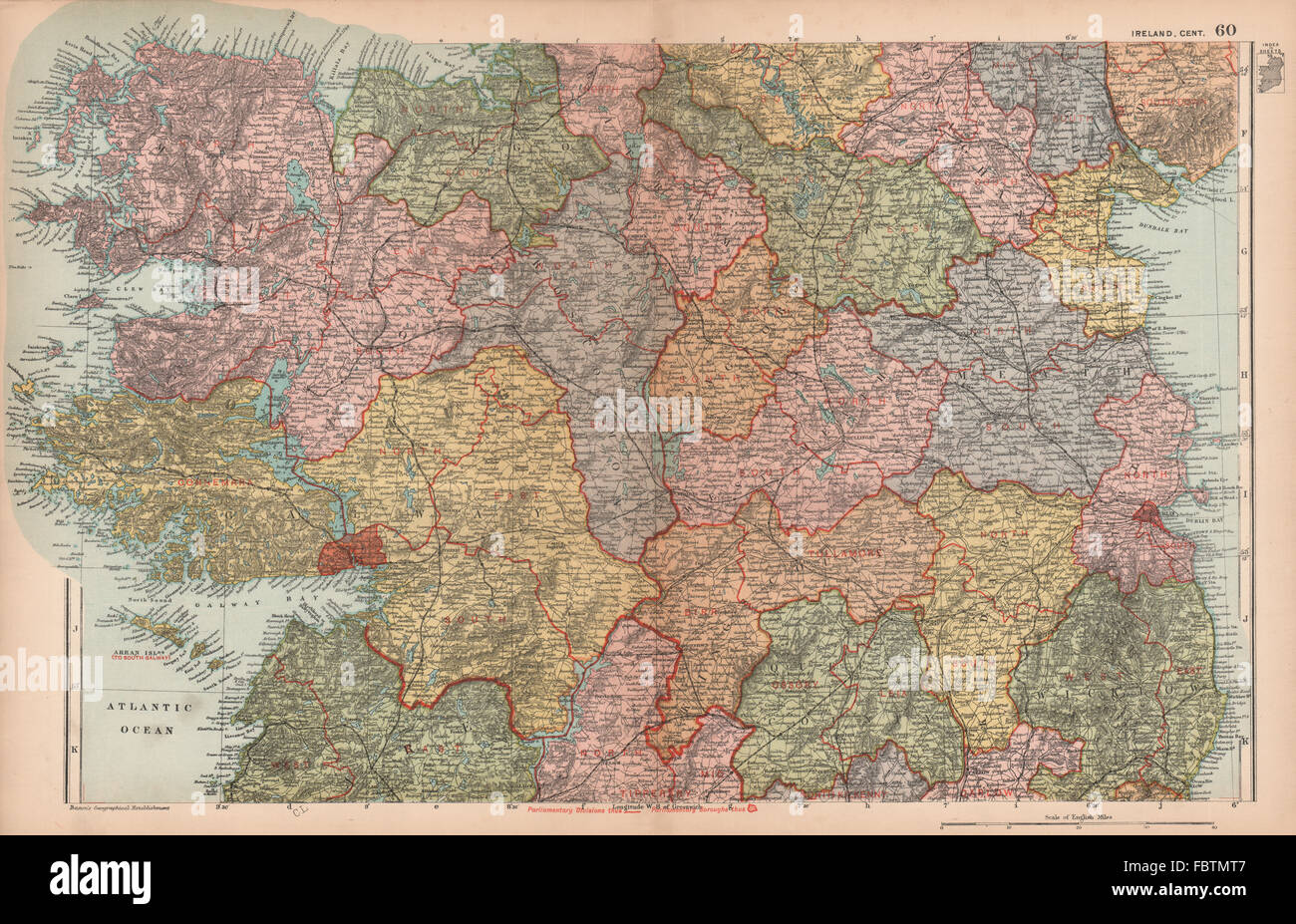 IRELAND CENTRAL. Parliamentary divisions. Railways. BACON, 1901 antique ...
