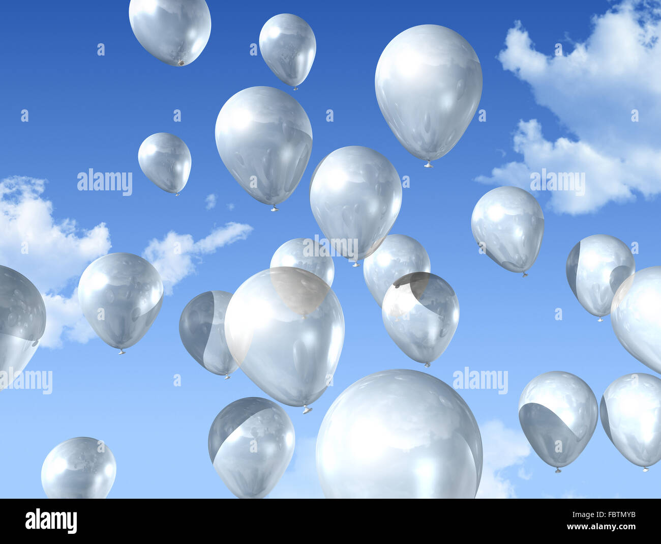 white balloons on a blue sky Stock Photo - Alamy