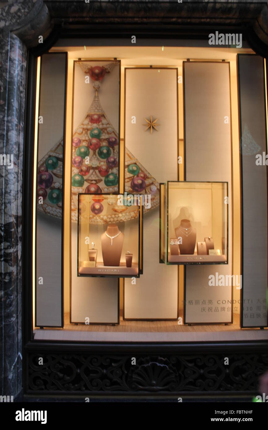 ROME, ITALY - DECEMBER 31 2014: Window display close up of a Bulgari ...