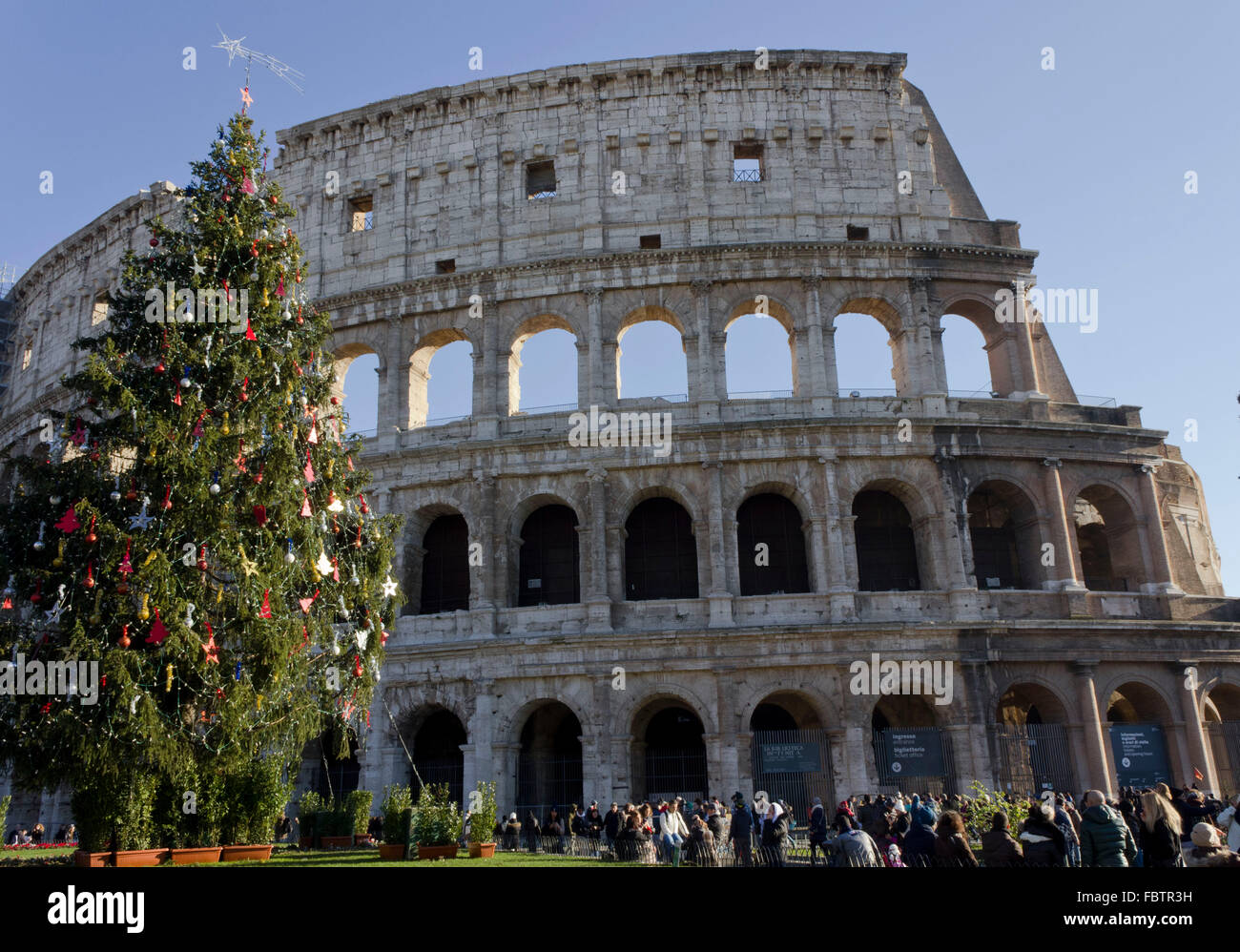 ROME, ITALY - JANUARY 1 2015: The Colosseum in Rome with a Christmas ...
