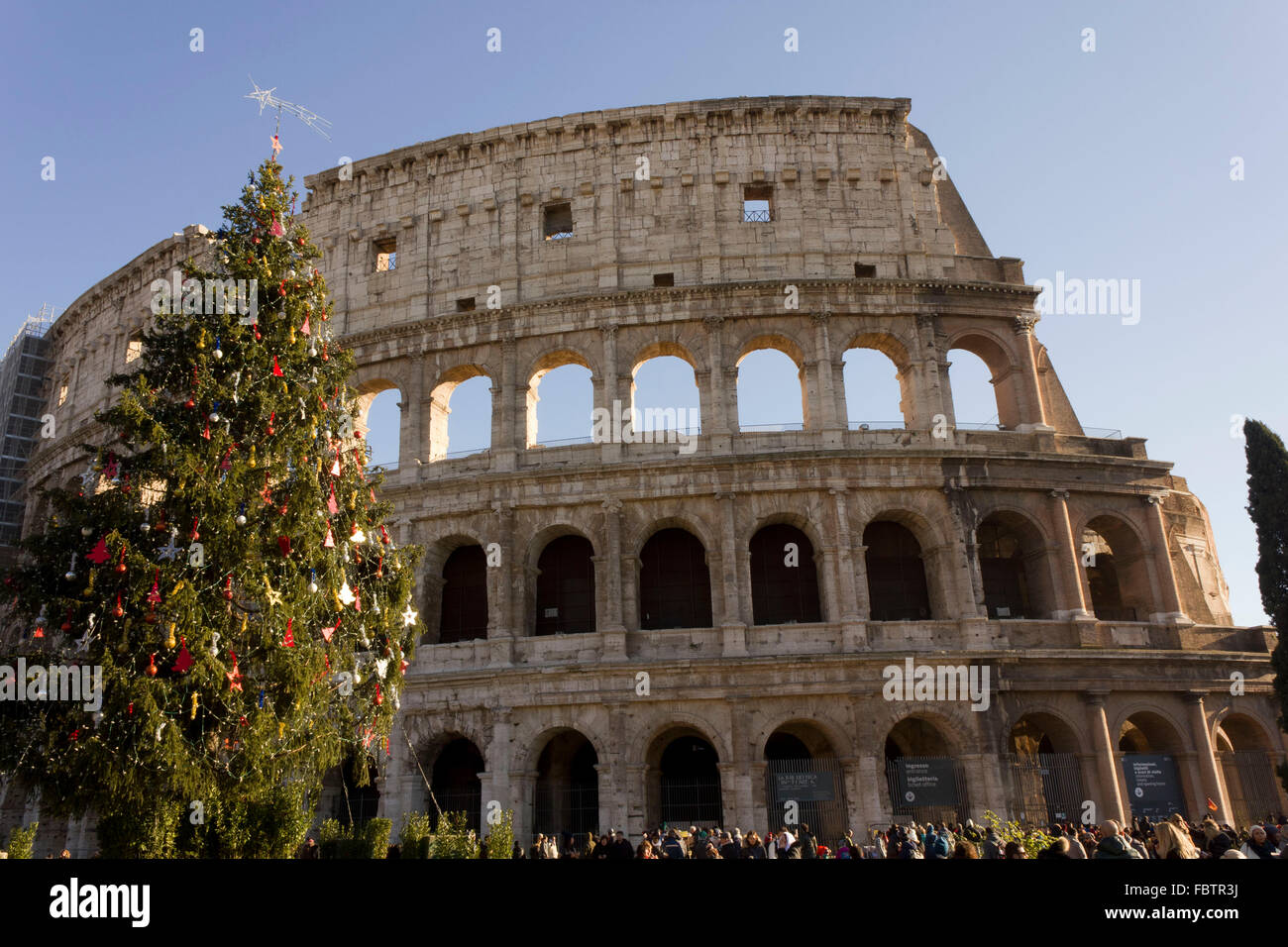 ROME, ITALY - JANUARY 1 2015: The Colosseum in Rome with a Christmas ...