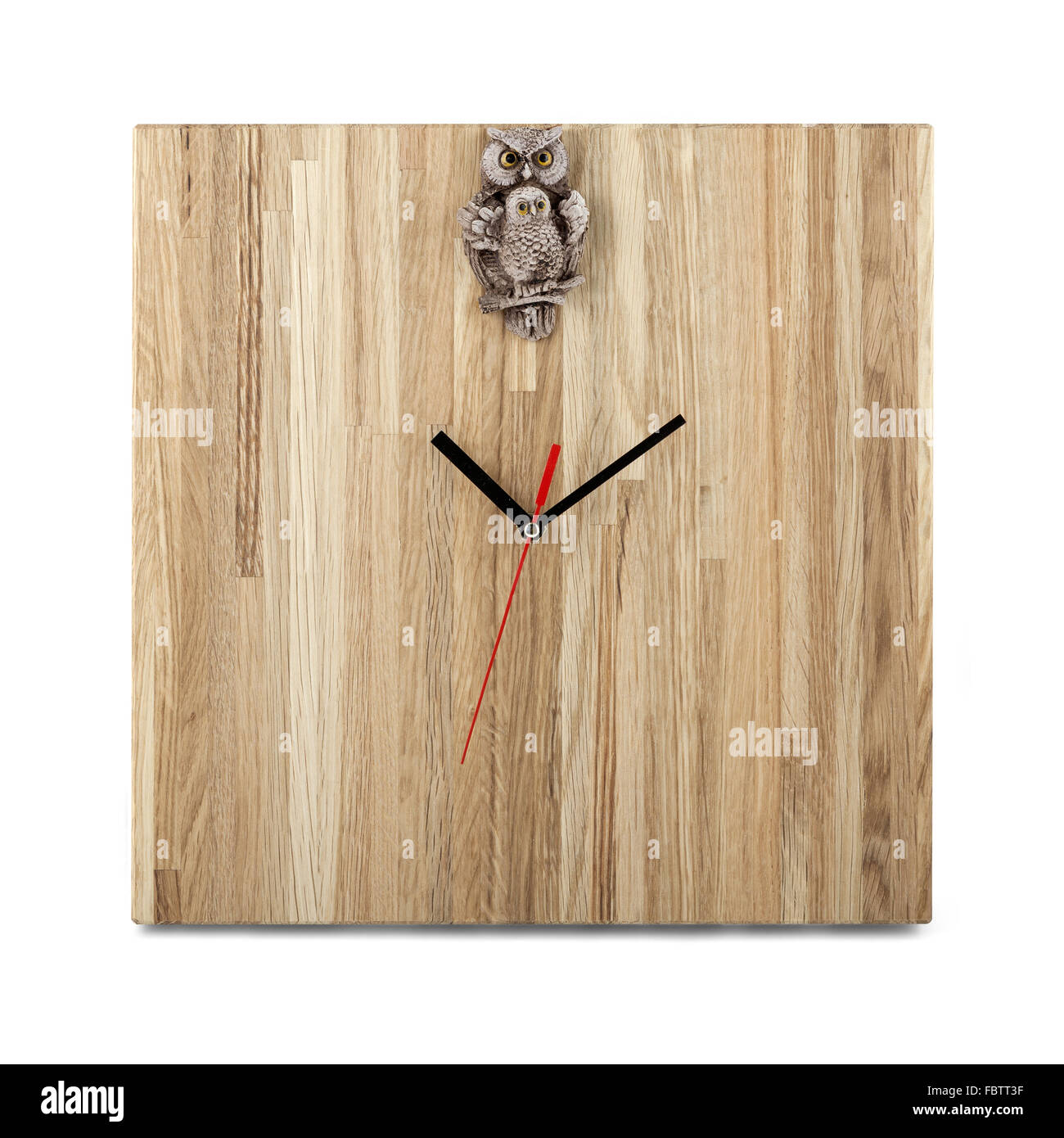 Simple wooden wall watch with owl - Square clock isolated on white ...
