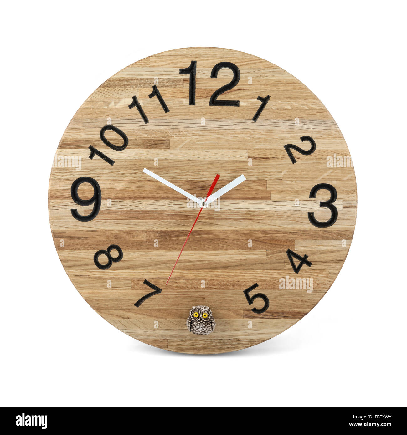 Wooden round wall watch with owl toy - clock isolated on white ...