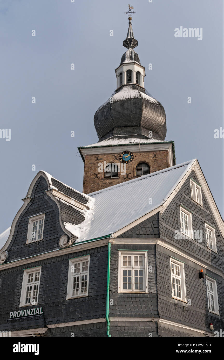 Traditional slate clad houses and the Town Church in Remscheid-Lennep ...