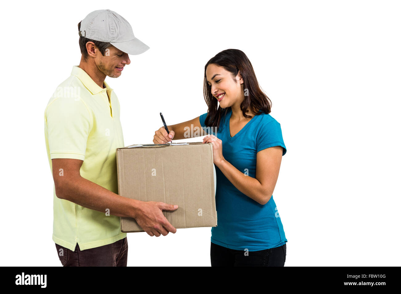 Happy delivery man with customer Stock Photo - Alamy