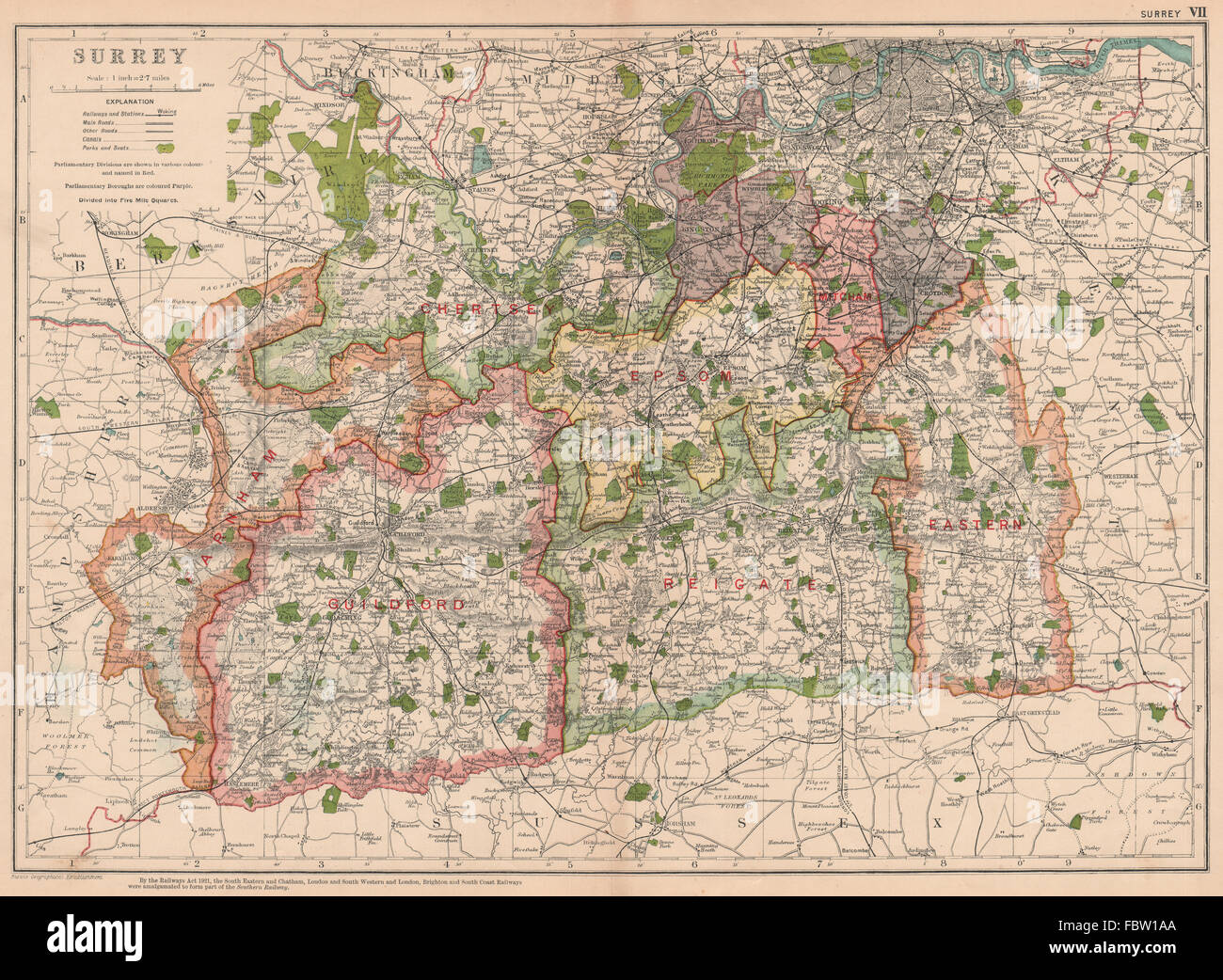 SURREY. Showing Parliamentary divisions, boroughs & parks. BACON, 1927 ...