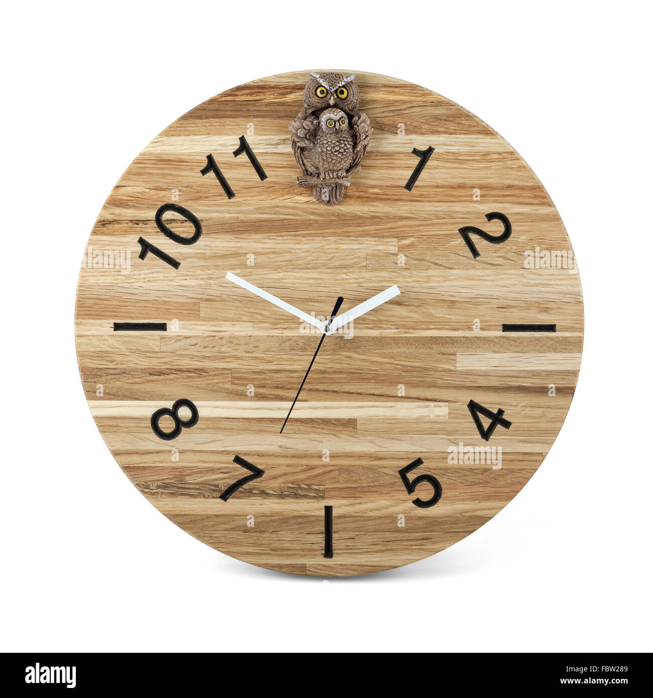 Wooden round wall watch with owl toy - clock isolated on white ...