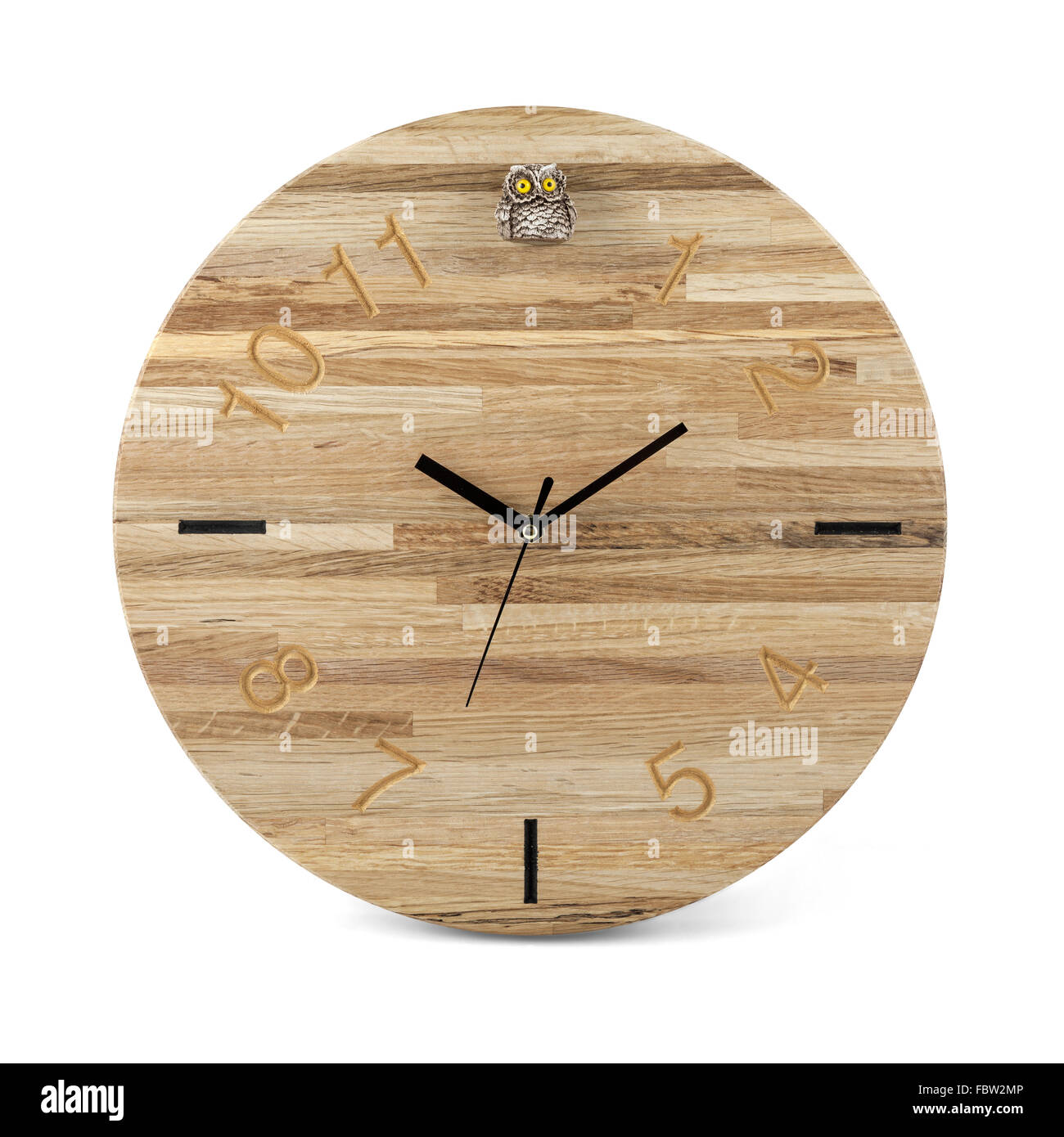 Wooden round wall watch with owl toy - clock isolated on white ...