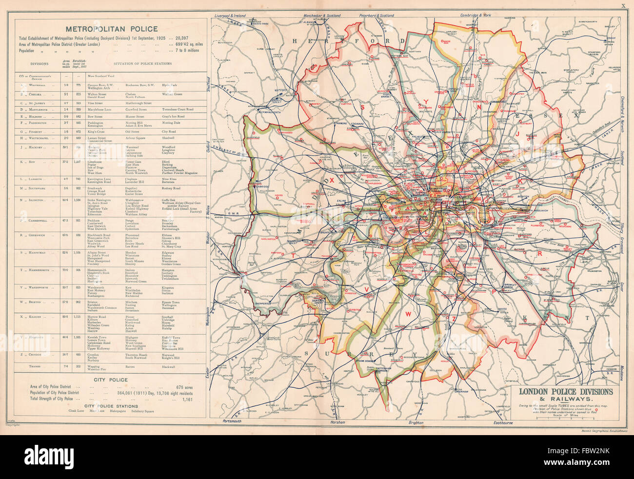 LONDON POLICE DIVISIONS & RAILWAYS showing Police stations. BACON, 1927 ...