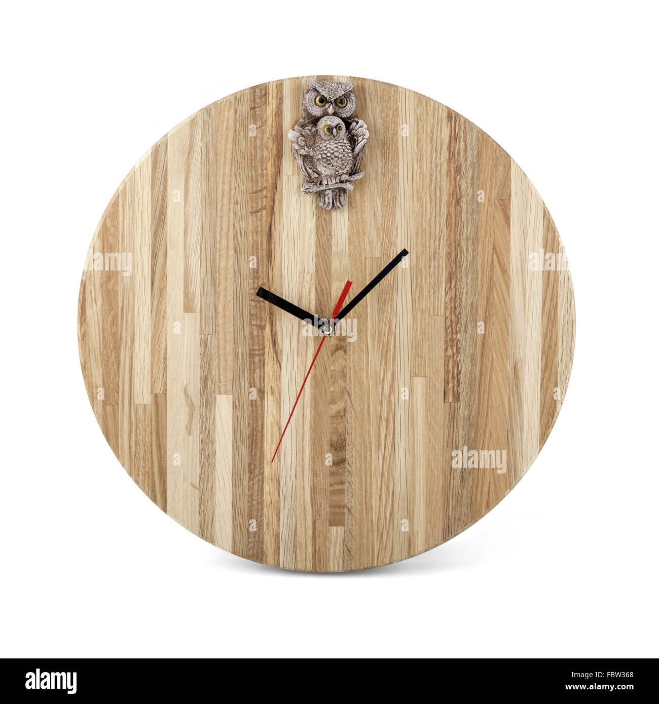 Wooden round wall watch with owl toy - clock isolated on white ...