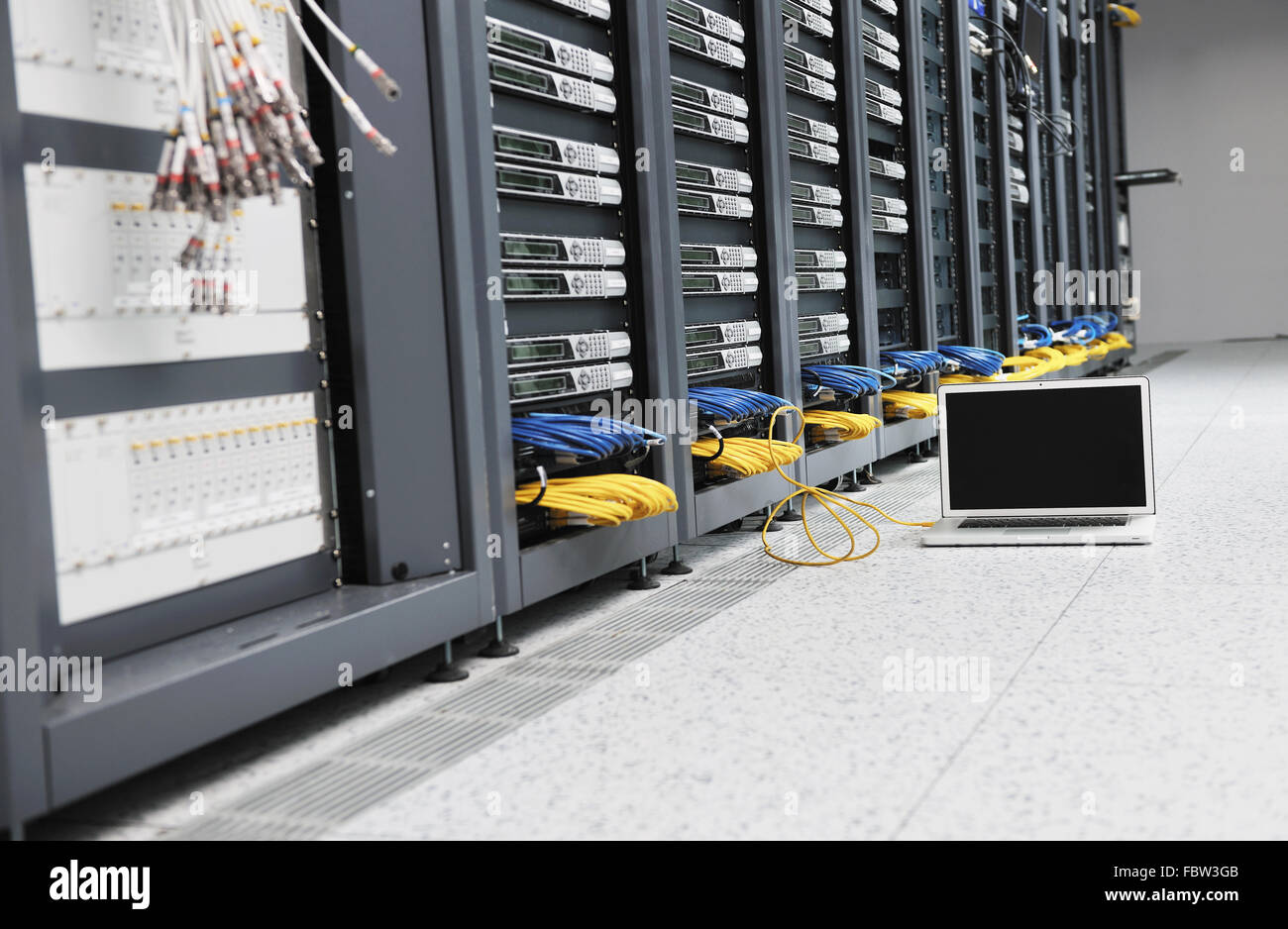 businessman with laptop in network server room Stock Photo - Alamy