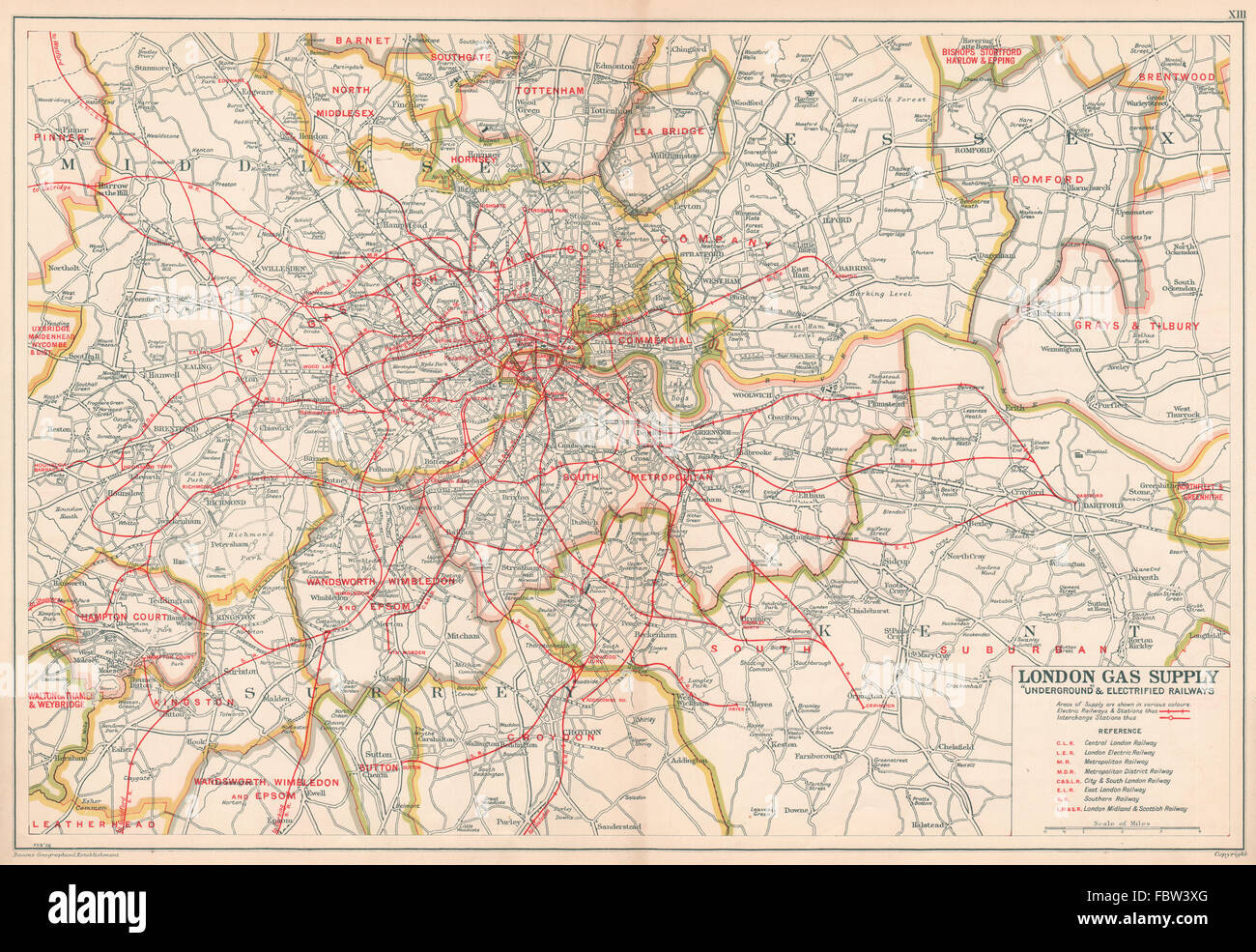 LONDON GAS SUPPLY areas + UNDERGROUND/Tube & electrified railways.BACON ...