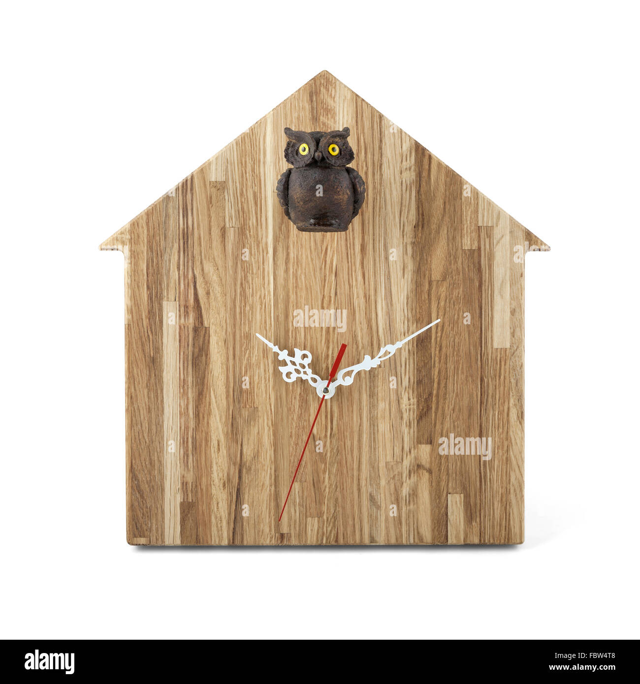 Wooden wall watch - Owl clock isolated on white background Stock Photo ...