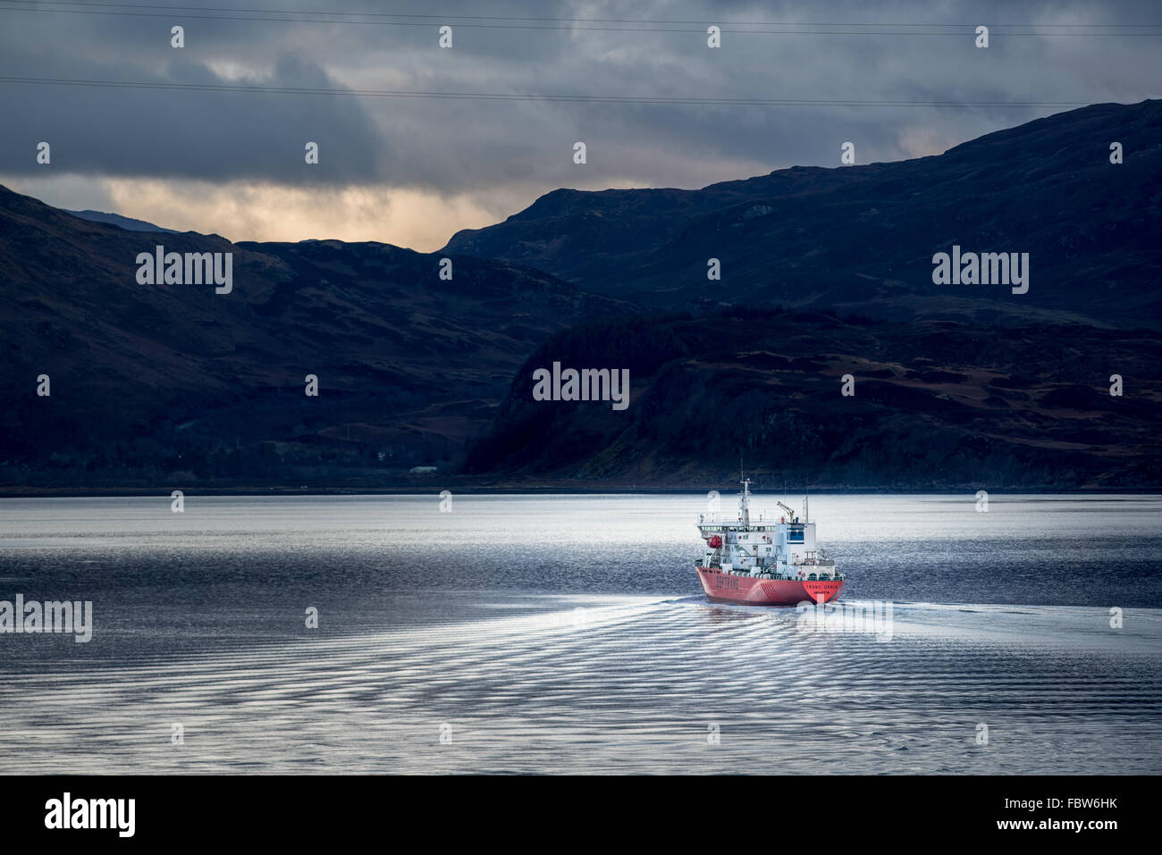 Ship moving through Kyle rhea, narrow stretch of water between the Isle ...