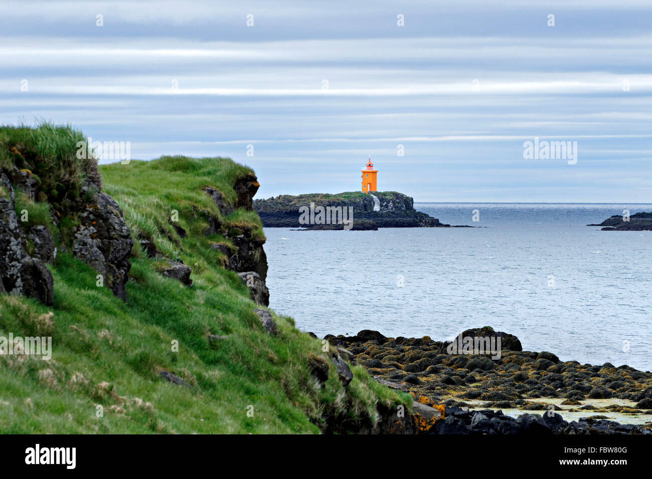 Lighthouse on small island, Flatey Island, Iceland, Europe Stock Photo ...
